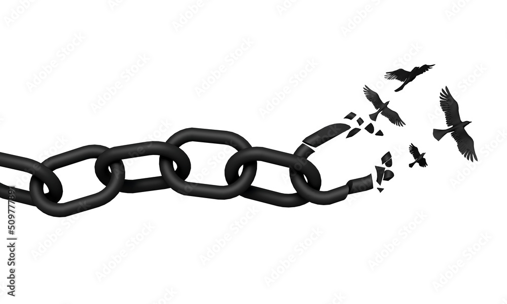 A chain breaking and turning into peace doves. Freedom concept. 3D ...