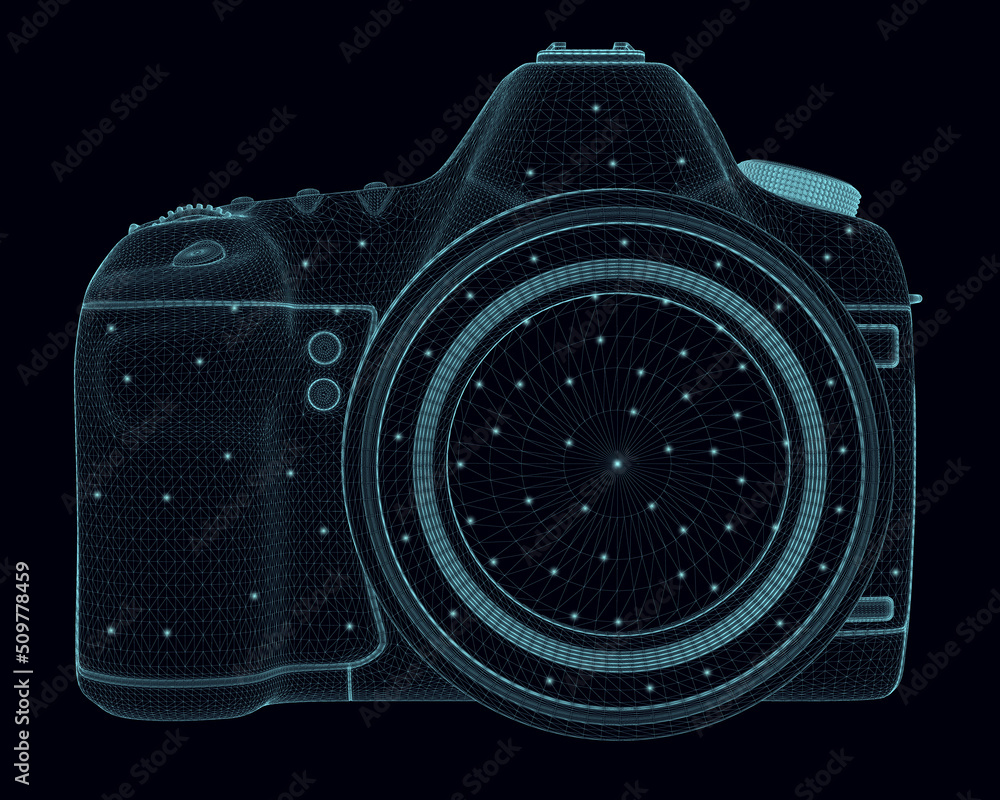 Wireframe of a professional camera made of blue lines with glowing ...