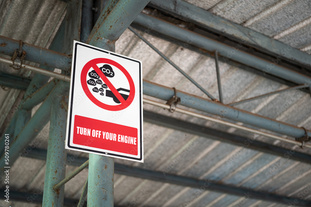 "Turn off your engine" caution sign metal plate which is installed at ...