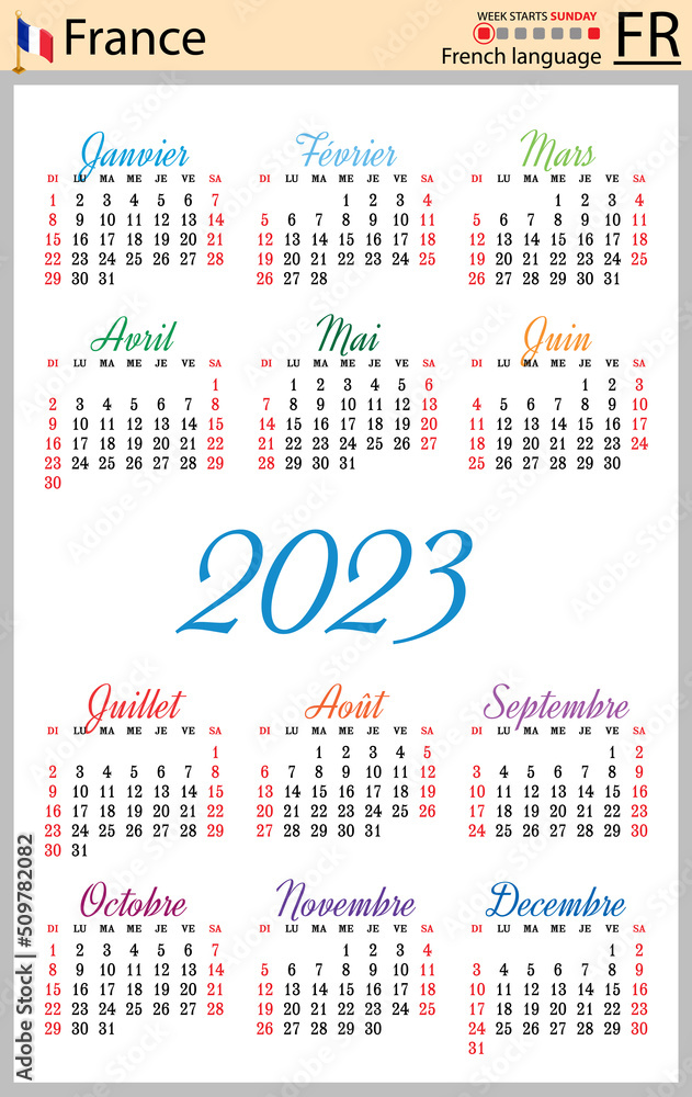 French vertical pocket calendar for 2023. Week starts Sunday Stock ...