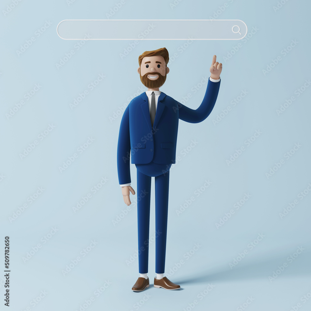 Cartoon character presses the search bar. Blank web search bar for ...