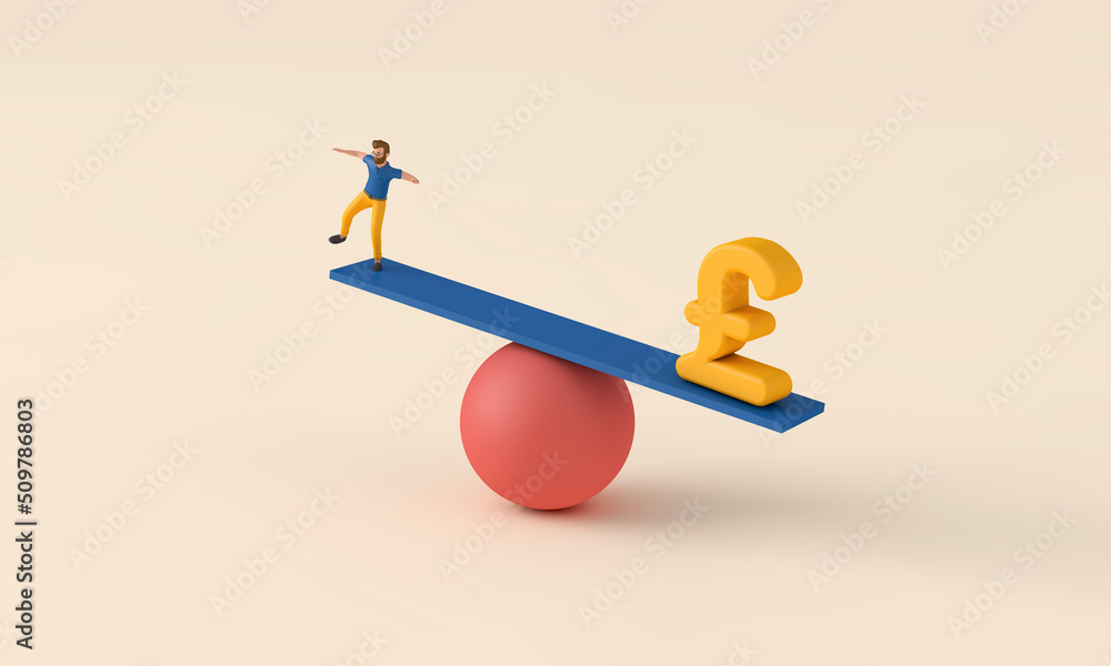 person balancing on a seesaw with pound sterling finance money symbol ...