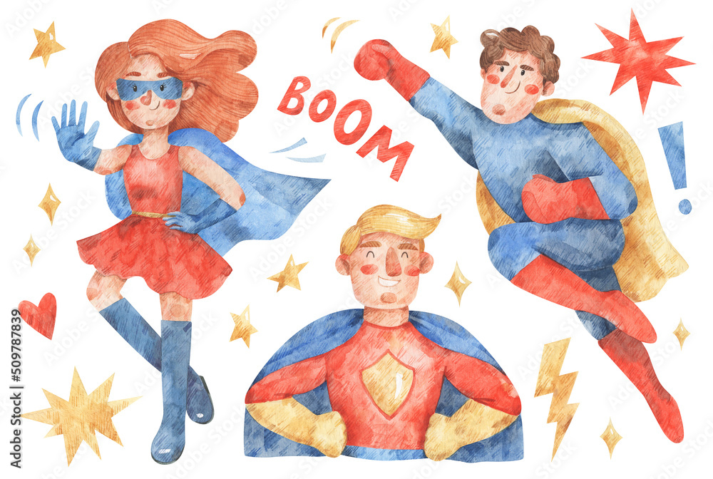 Set of three superheroes. Watercolor illustration of people in costume ...