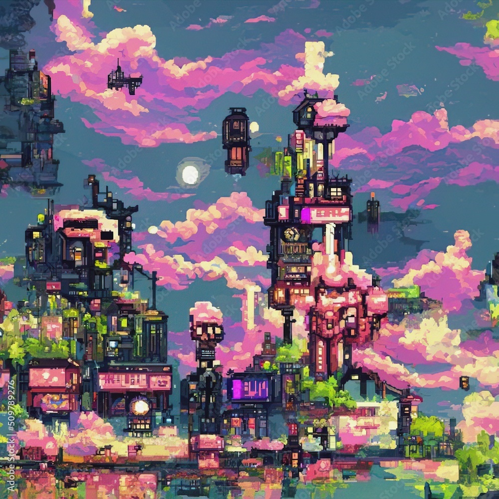 Retro futuristic city in clouds. Pixel art wallpaper in a style of 80's ...