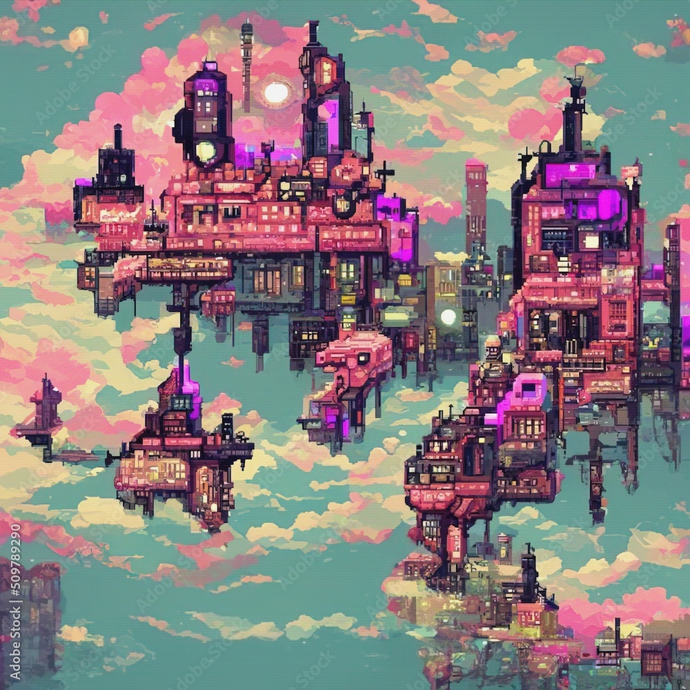 ภาพประกอบสต็อก Retro futuristic city in clouds. Pixel art wallpaper in a style of 80's computer ...