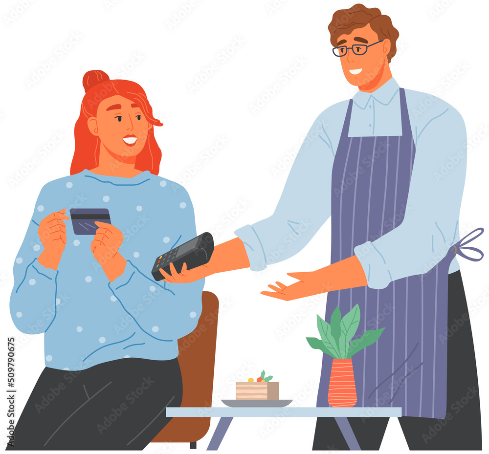 Customer paying bill in cafe using cashless technology. Payment through ...