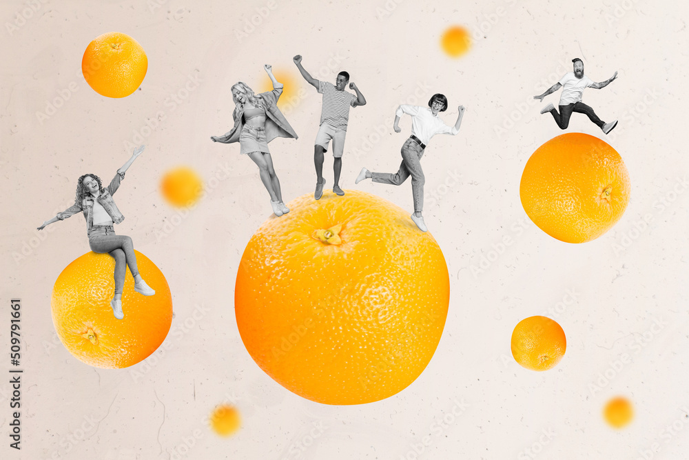Composite collage portrait of group people dancing have fun huge orange ...