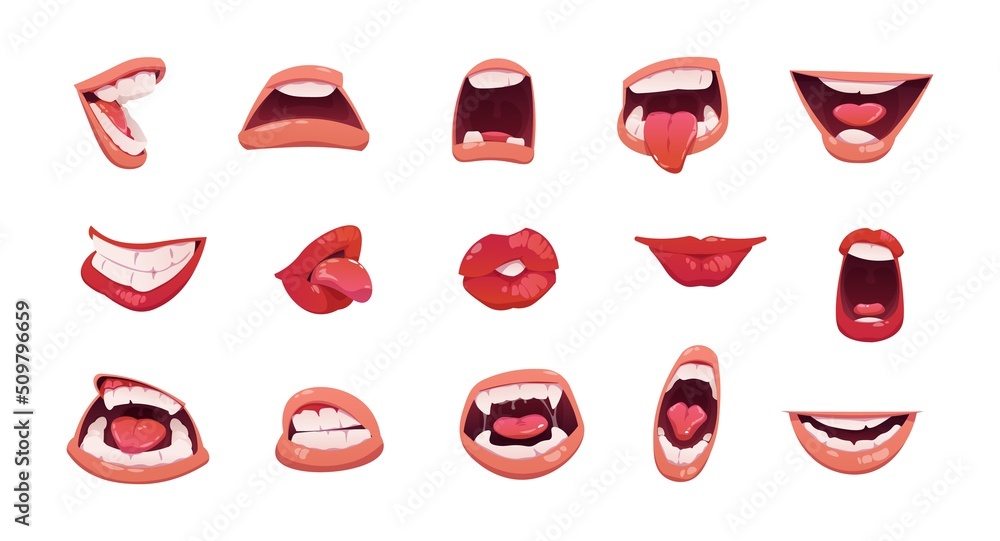 Cartoon mouth. Open and clothed lips, sad laugh smile anger cute face ...