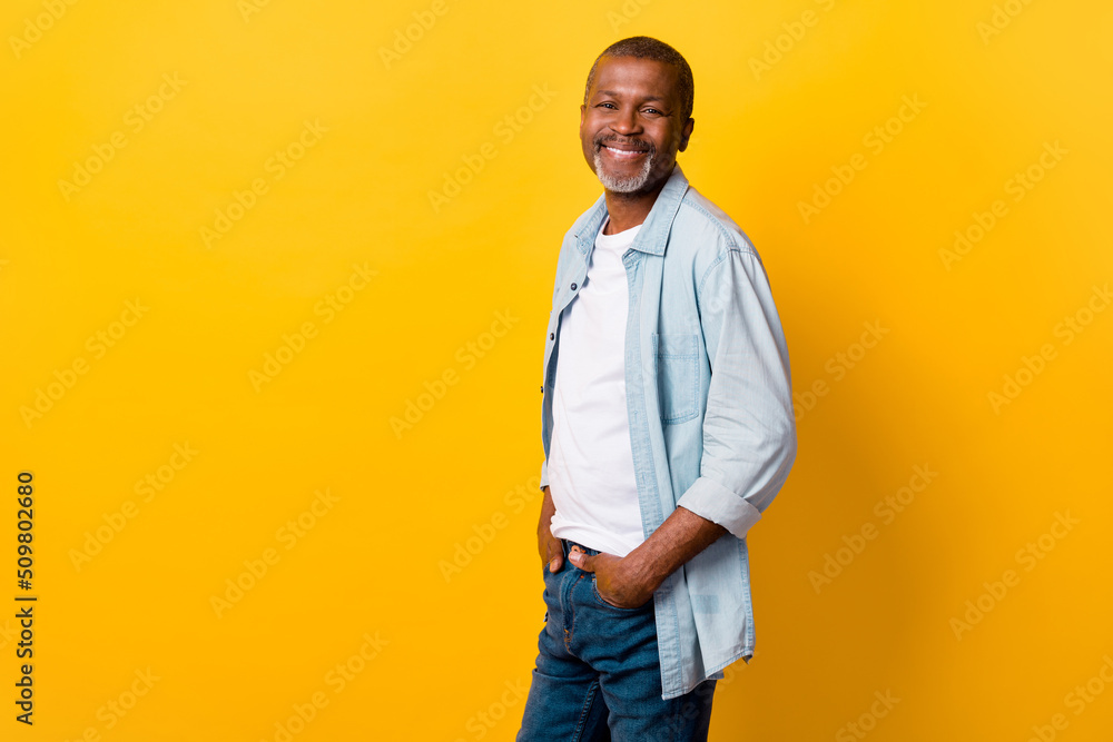 Profile portrait of cheerful nice person put hands pockets empty space ...