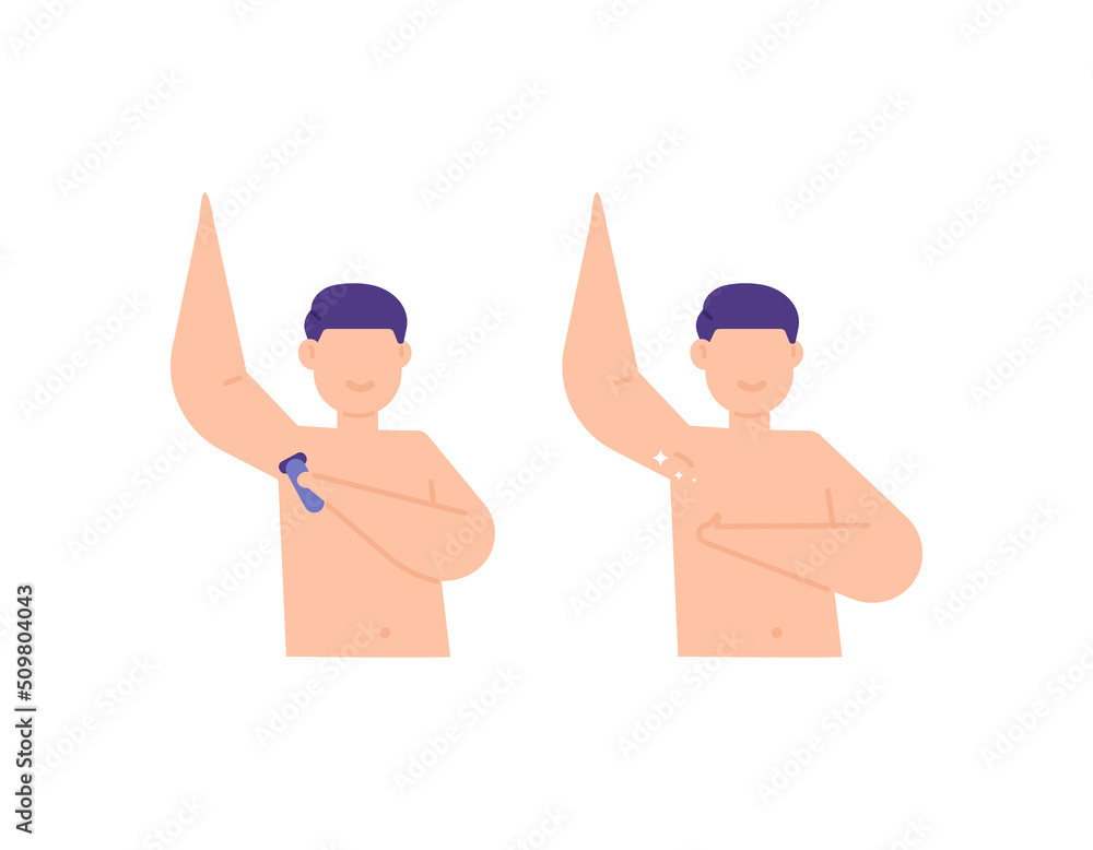 A man shaves his armpits using a hair clipper. reveal clean and shiny ...