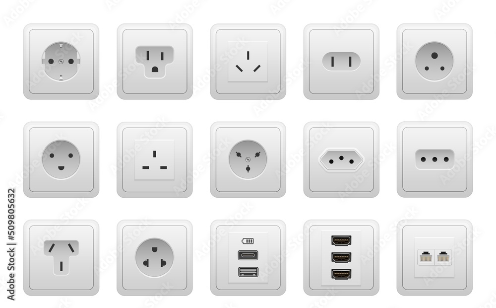 Realistic socket types. AC power wall socket mock up, USB hand drawnMI ...