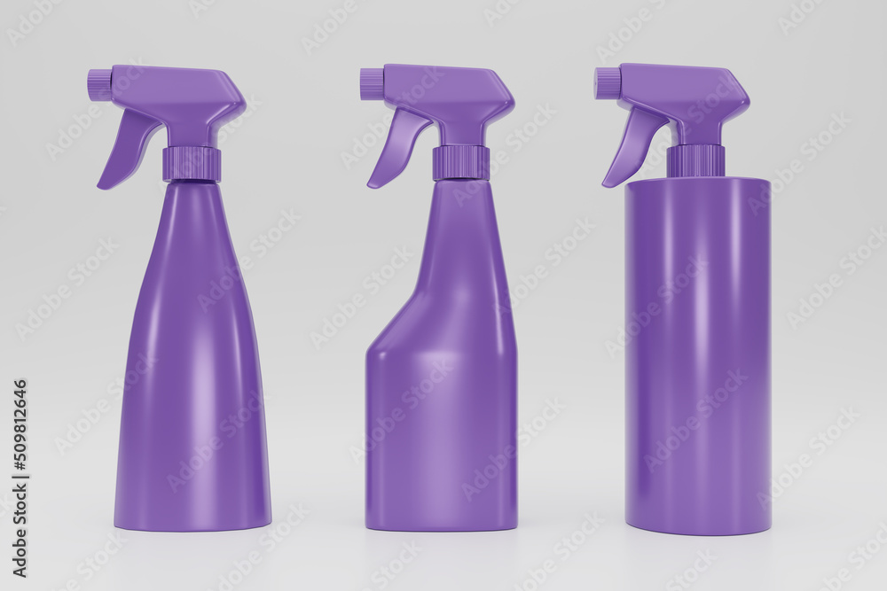 Purple blank plastic spray bottle isolated on white background. Foggy ...