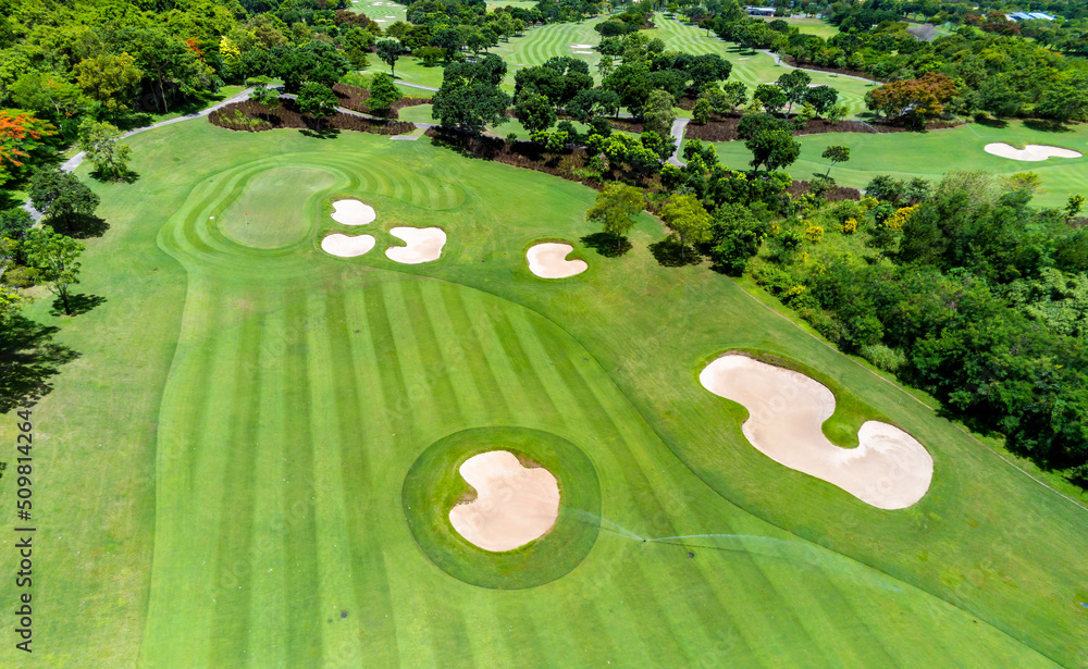 Aerial brid view over of green grass and trees on a golf field, fairway ...
