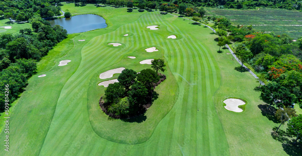 Aerial brid view over of green grass and trees on a golf field, fairway ...