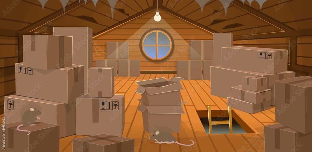 Interior flooded the wooden attic with boxes, a window, stairs and rats ...
