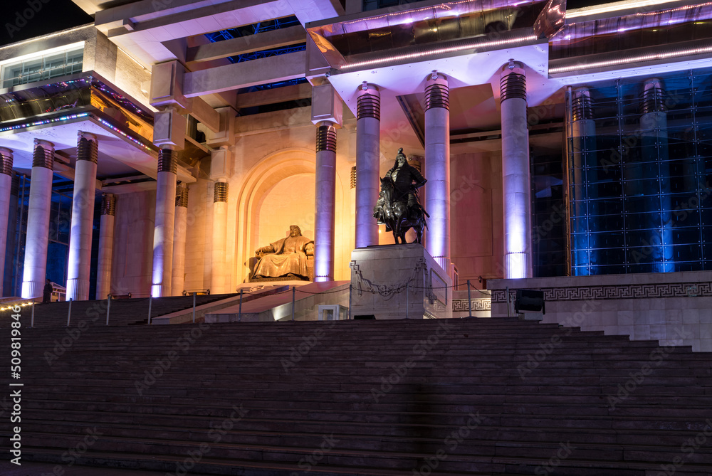 Uaanbaatar, Mongolia - August 8, 2018: Statue of Muqali and Genghis ...