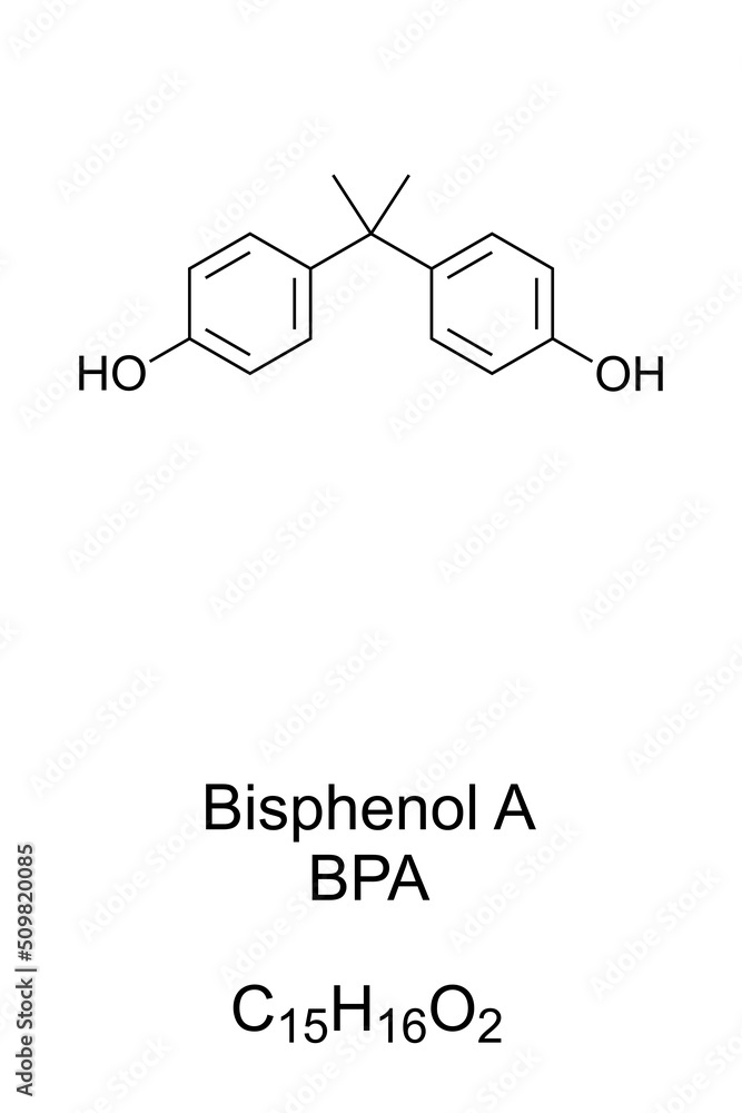 Bisphenol A, BPA, chemical formula and skeletal structure. Chemical ...