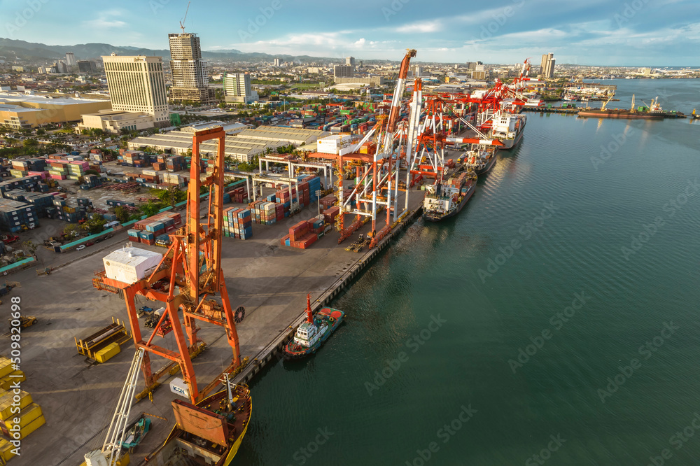 Cebu City, Philippines - Aerial of Container Gantry cranes in the Port ...