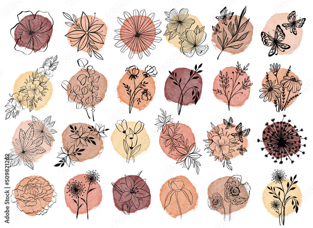 Line art flowers on watercolor background. Set of watercolor round ...