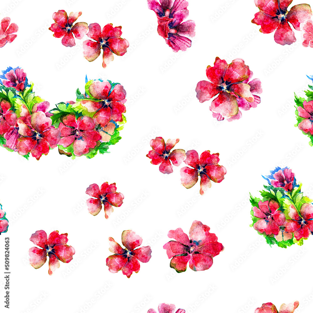 Watercolor pictorial red flowers in seamless backgrounds and textures ...