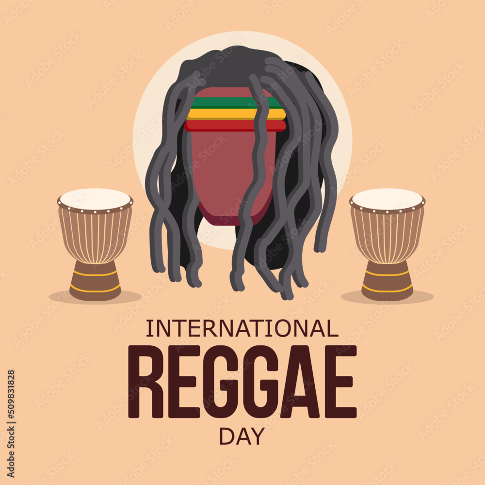 Reggae man wearing a Jamaican flag headband and djembe drum cartoon ...