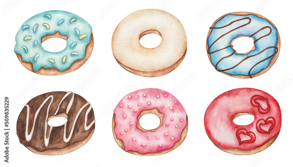 Watercolor illustration of hand painted colorful donuts with icing ...