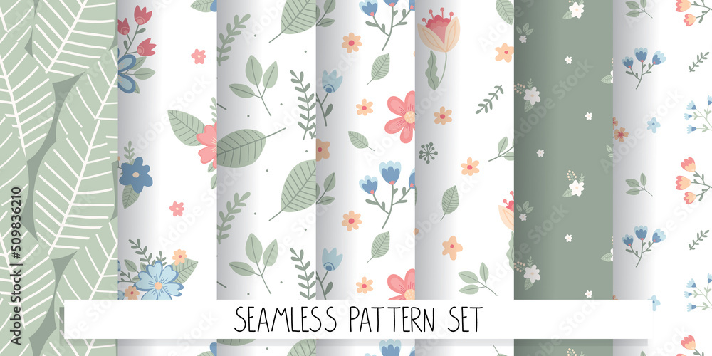 Set of seamless patterns in pastel colors with simple flowers in rustic ...