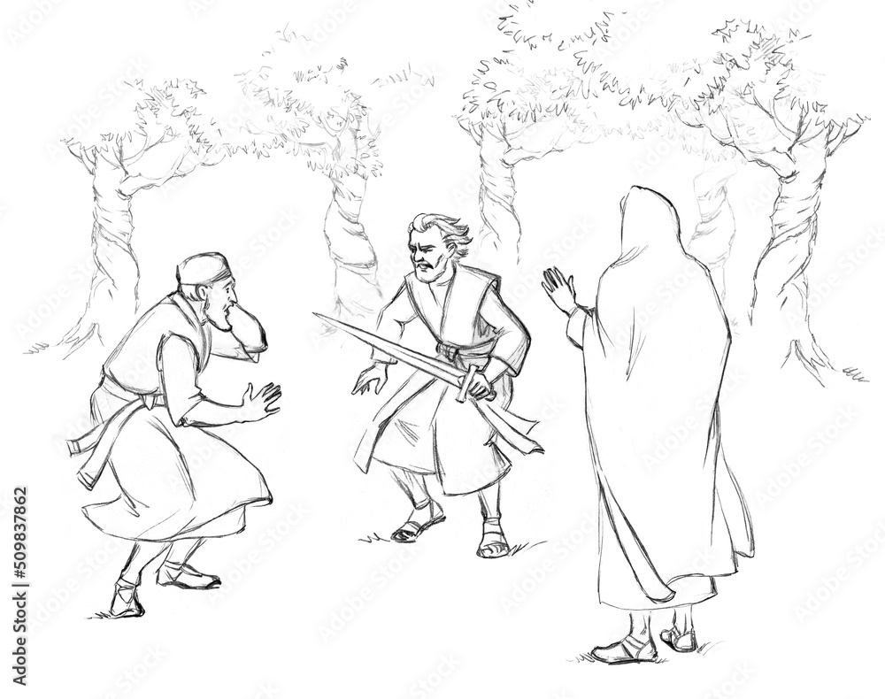 The guy with the sword attacks the man. Pencil drawing Stock Photo ...