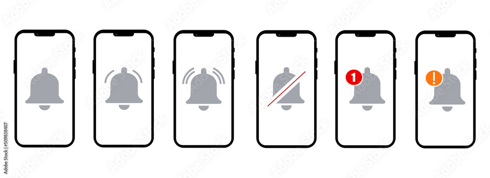 Set of Notification Bells and Silent Mode Concept Line and Silhouette ...