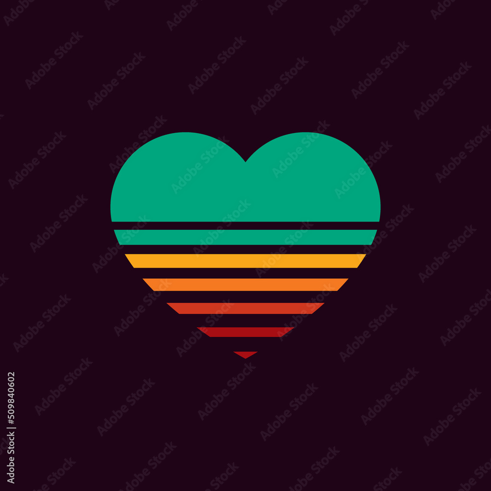 Vintage sunset in the shape of a heart, in the style of the 80s. Vector ...
