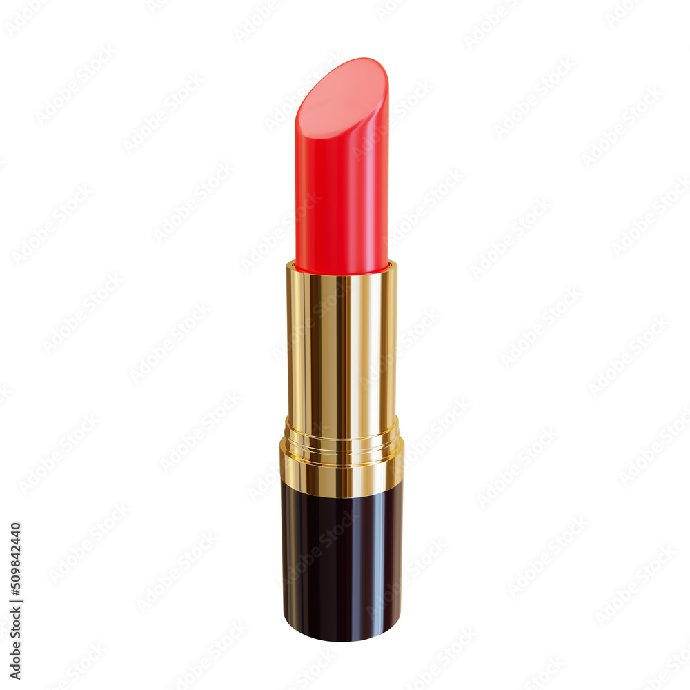 Red lipstick in black and gold tube close up isolated object on white ...