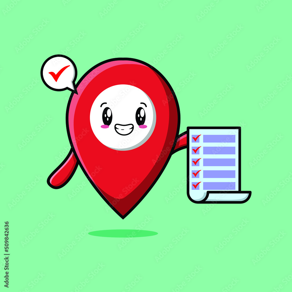 Cute cartoon pin location character holding checklist note in concept ...