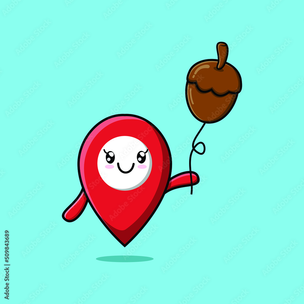 Cute cartoon pin location floating with acorn balloon cartoon vector ...