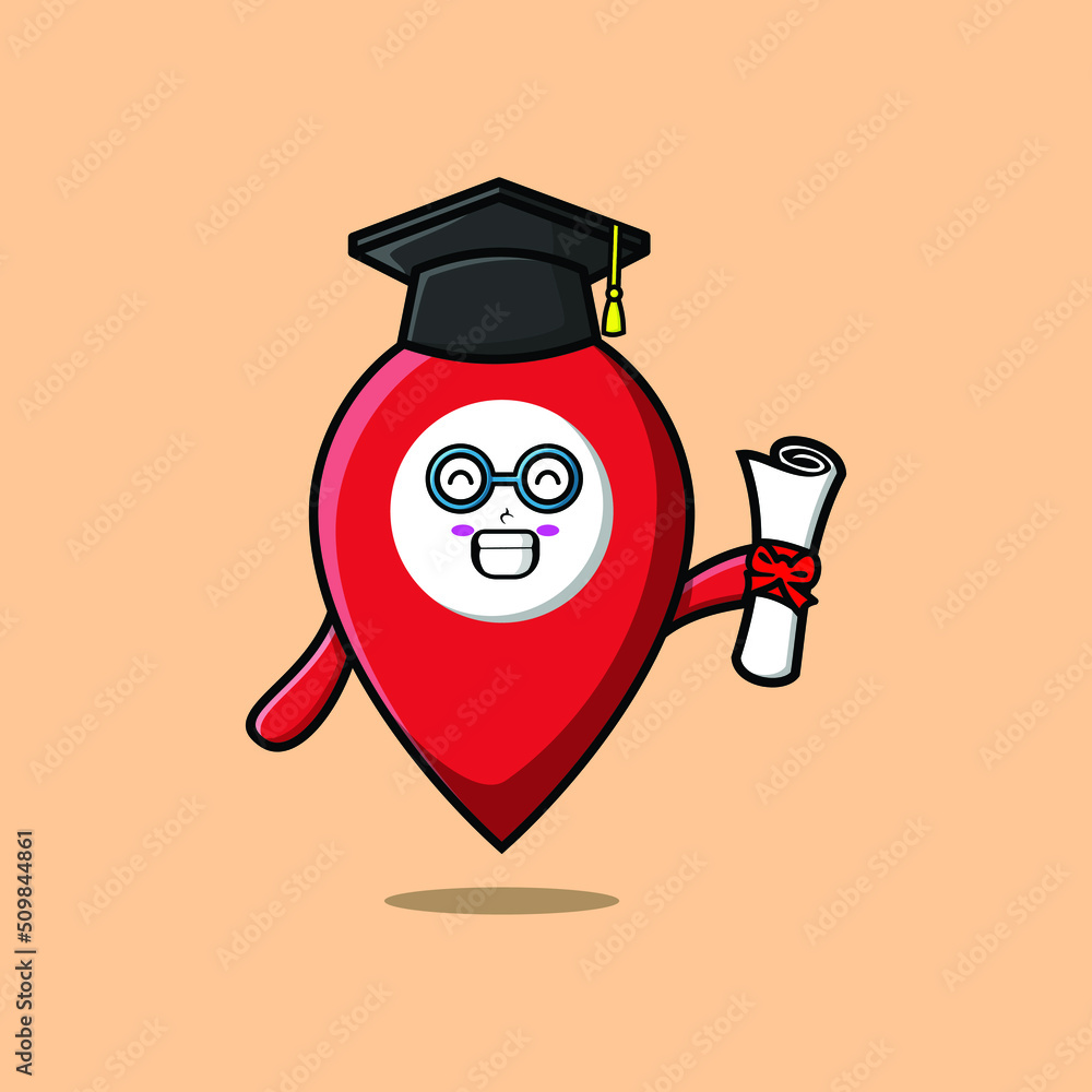 Cute cartoon pin location student character on graduation day with toga ...