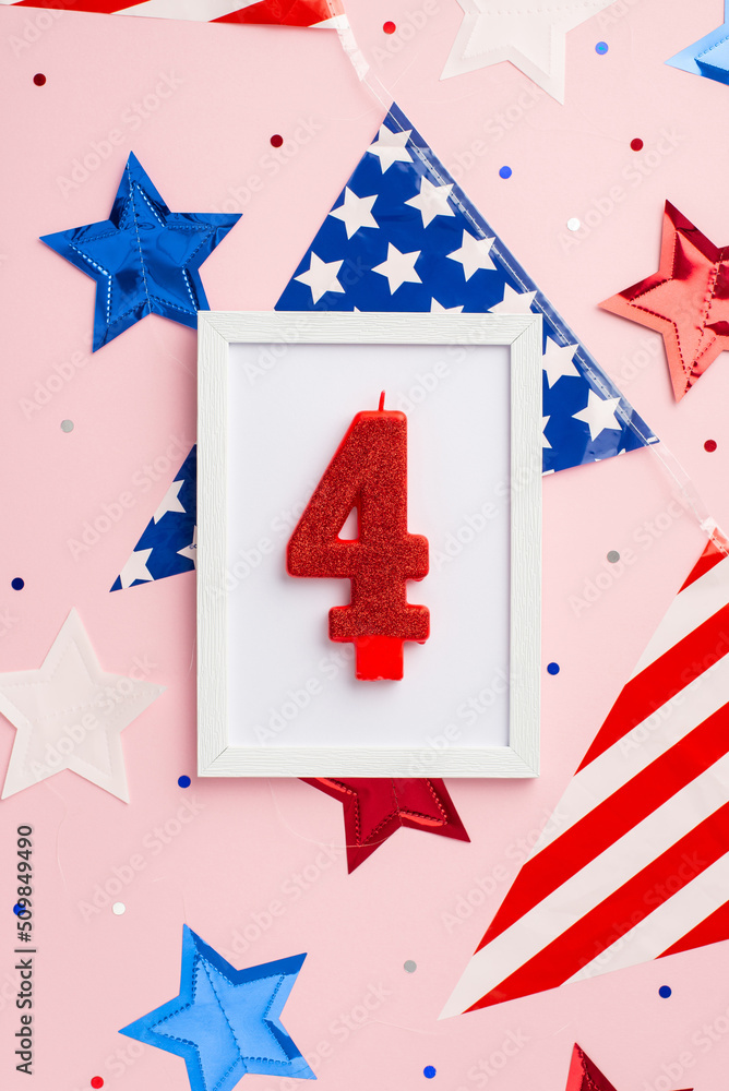 Fourth of July concept. Top view vertical photo of photo frame with ...