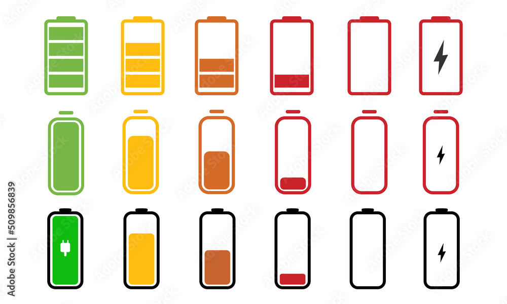 Battery icon set on white background. Mobile battery level indicator ...