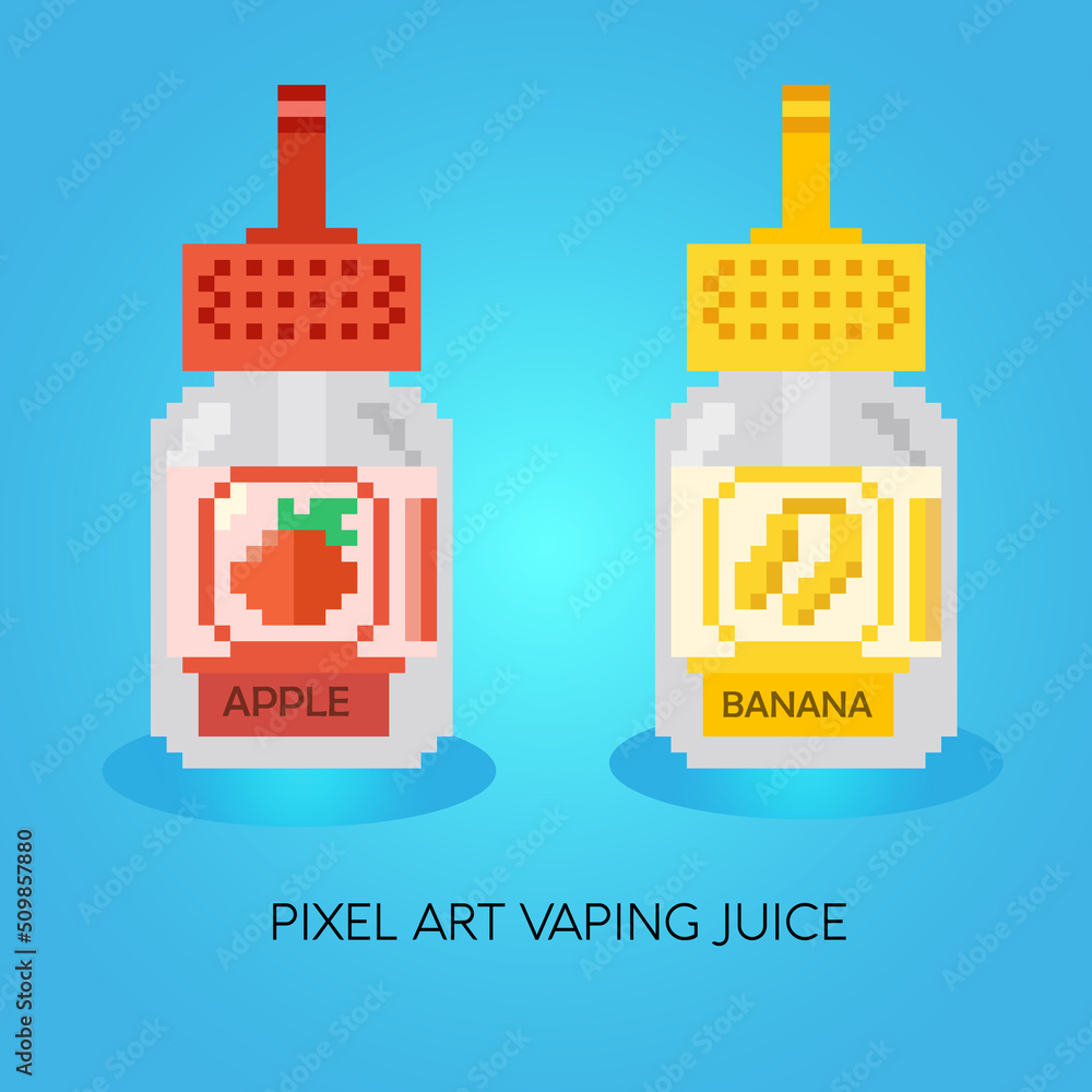 Pixel art E-liquid flavors. Pixel vaping juice or vape juice signs. set of e-liquid for the ...