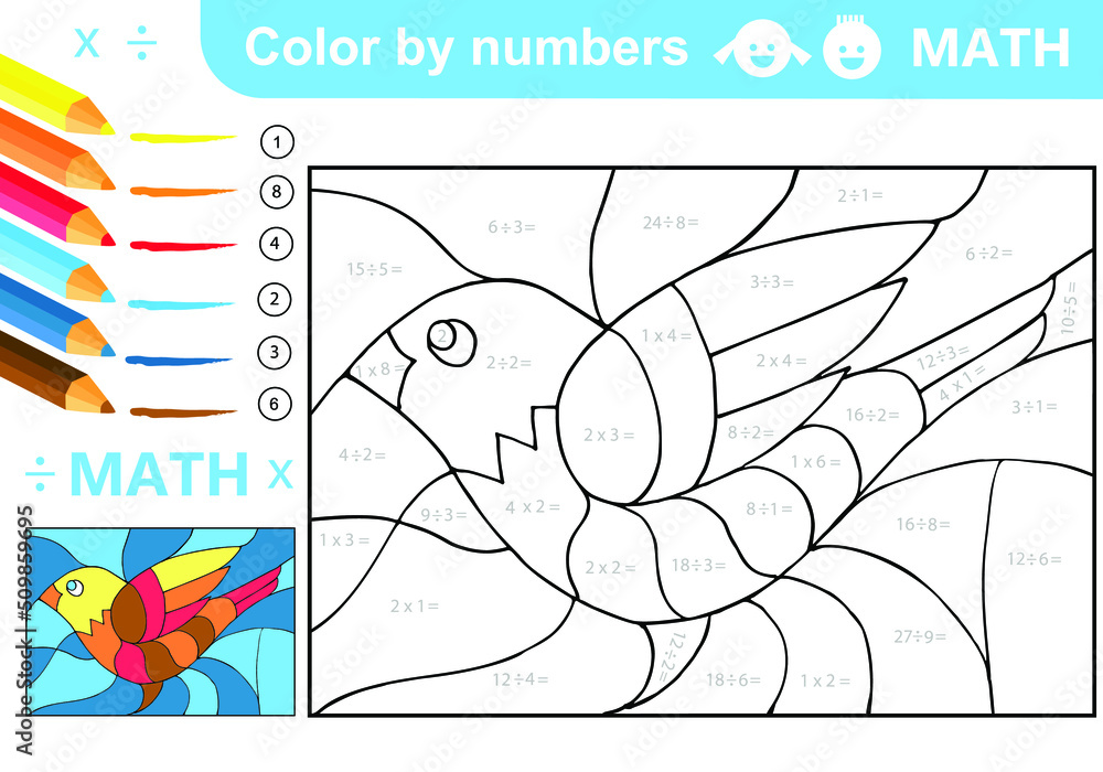 Vetor de Color by numbers - division and multiplication worksheet for ...