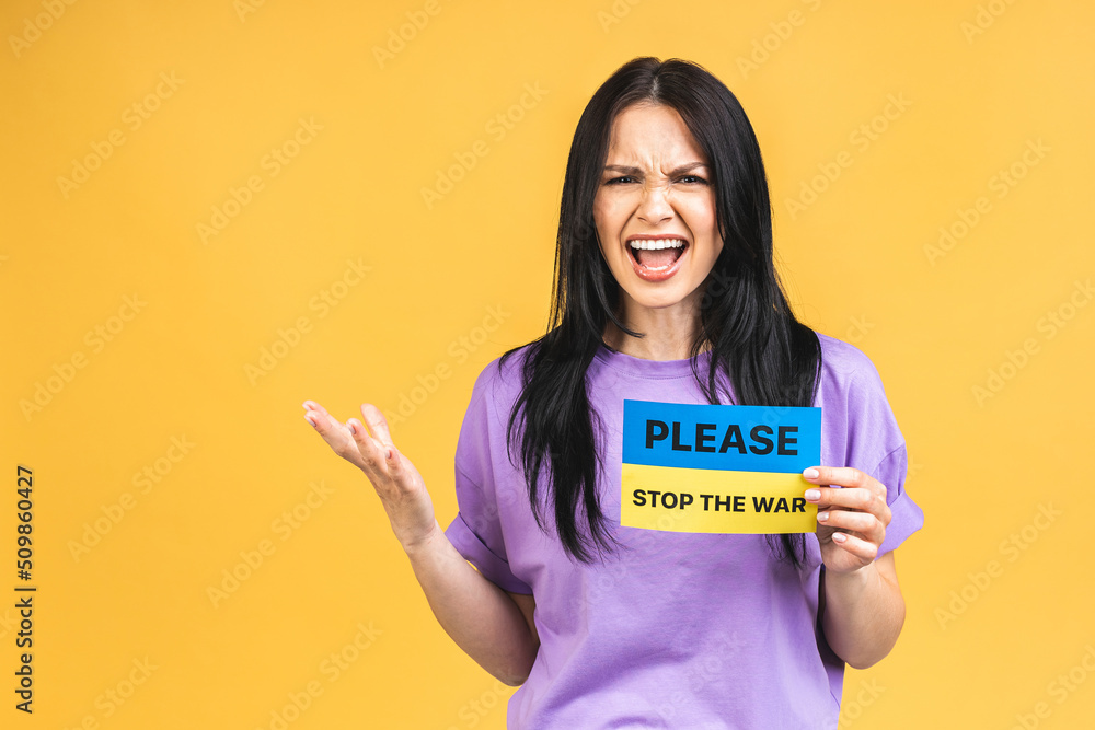 Stop war in Ukraine! Portrait of sad agressive angry woman holding in ...
