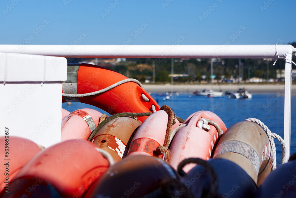 Safety in tourist boating companies, lifebuoys stored on a ship's ...