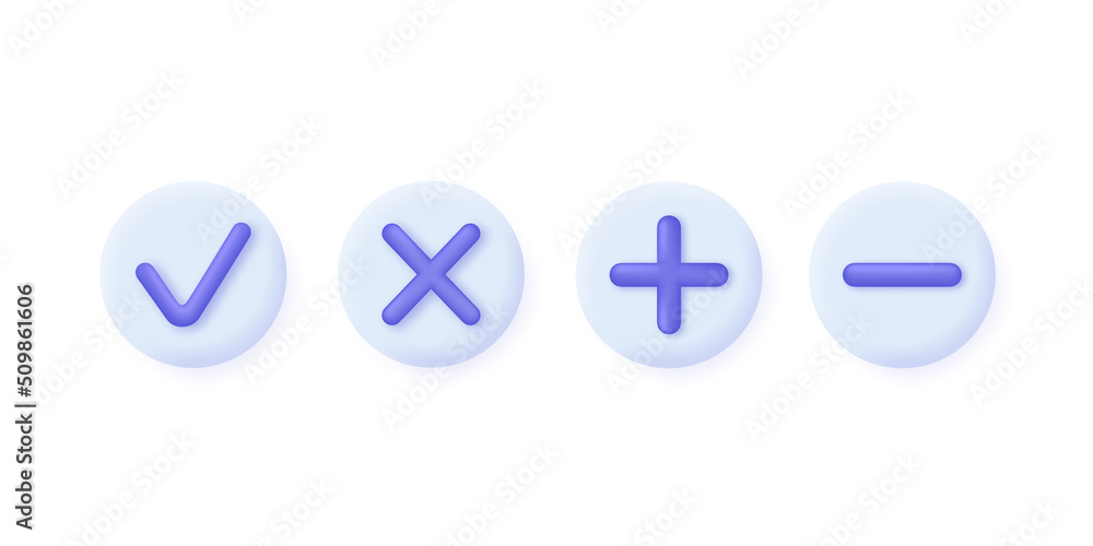 3D Set of plus, minus and cross, check marks isolated on white ...