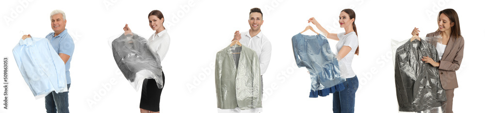 Collage with photos of people holding clothes on white background ...