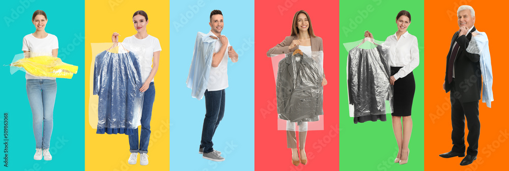 Collage with photos of people holding clothes on different color ...