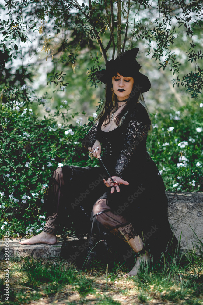 Beautiful young, gothic, sexy and witch woman from with stylized hands ...
