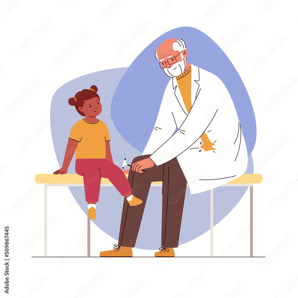 Small patient at neurologist's appointment. Old doctor taps with ...