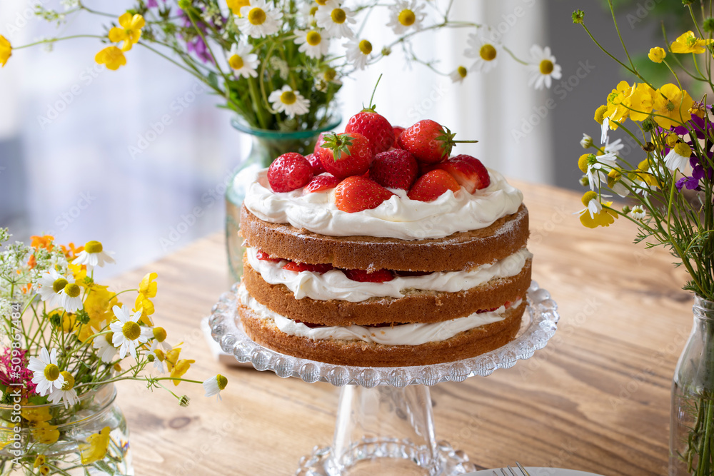 Scandinavian midsummer strawberry and cream cake Stock Photo | Adobe Stock