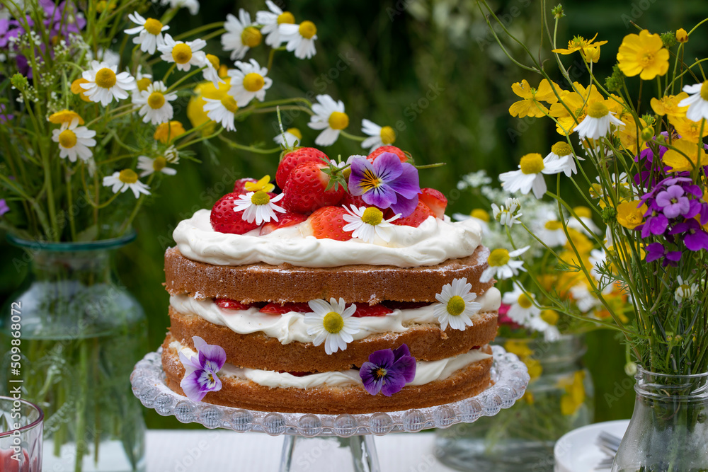Scandinavian midsummer strawberry and cream cake Stock Photo | Adobe Stock