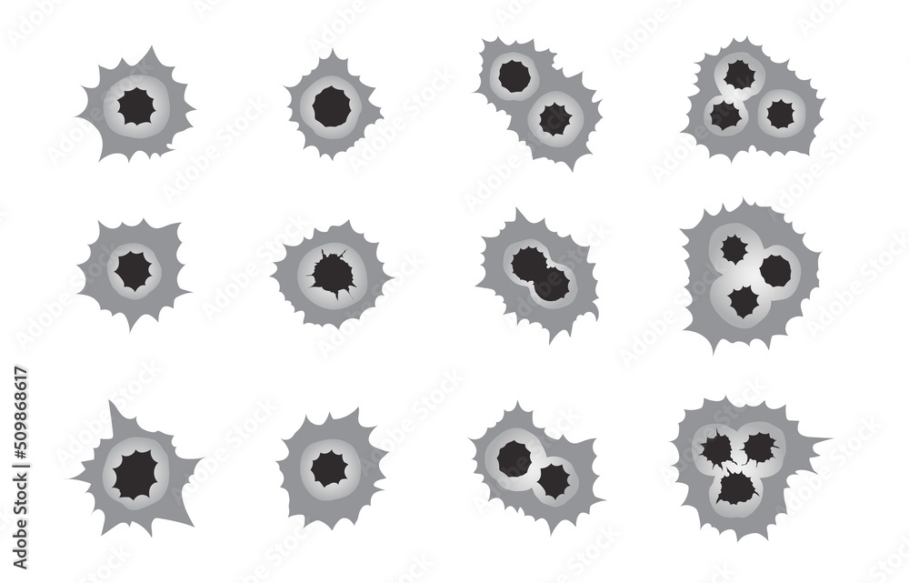 Grunge hole in metal from bullets of gun isolated on white background ...