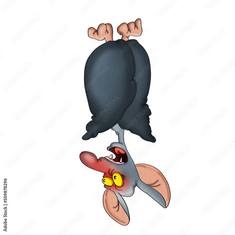 Cartoon screaming hanging upside down bat. Illustration on a white ...