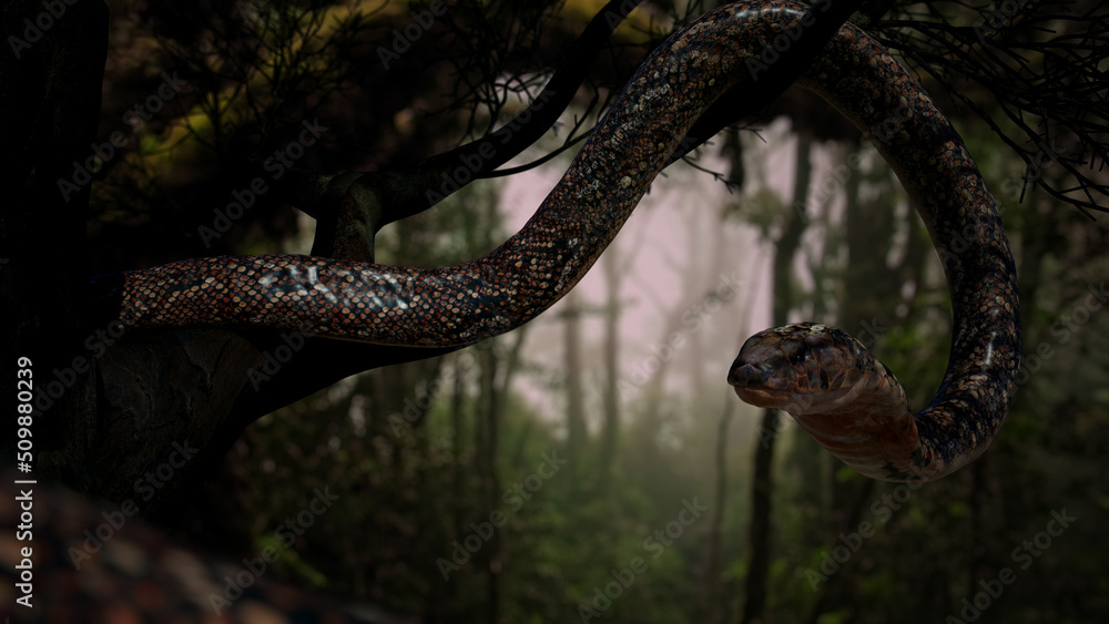 Cobra snake claw on the big tree in the jungle with 3d rendering. Stock ...